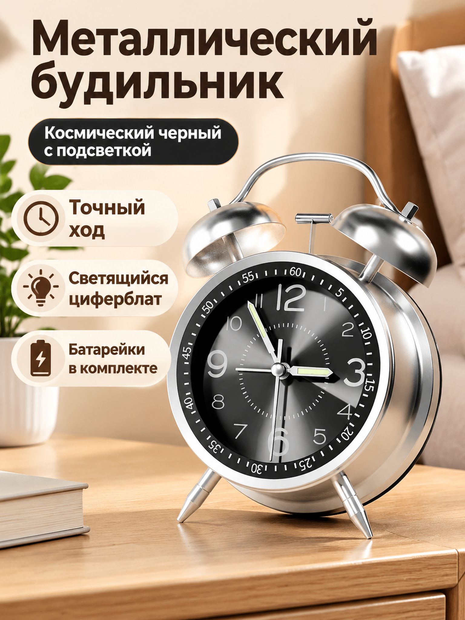 Будильник настольный металлический с и тихим механизмом, циферблат черный