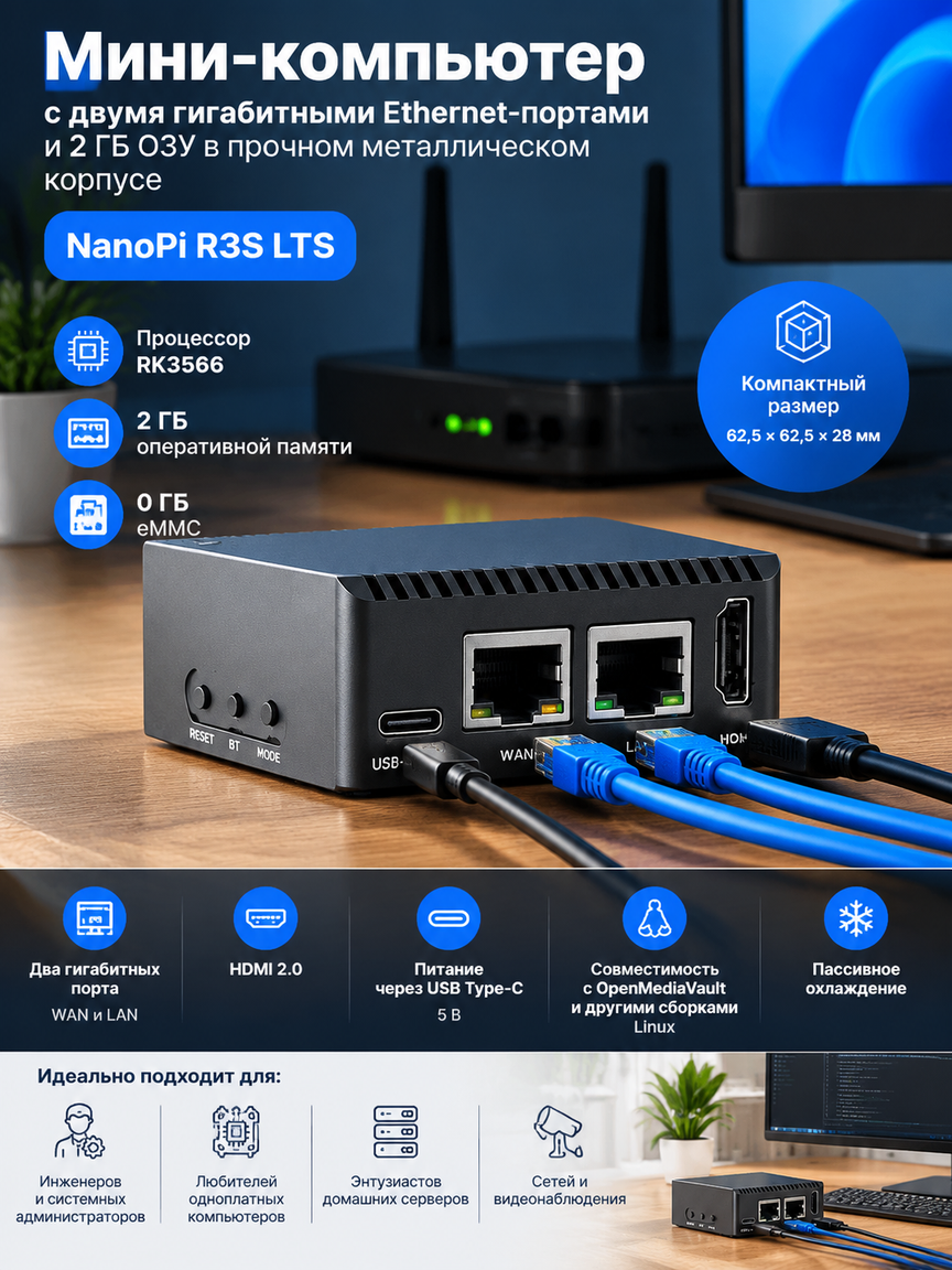 Мини-компьютер с двумя гигабитными Ethernet-портами и 2 ГБ ОЗУ в прочном металлическом корпусе
