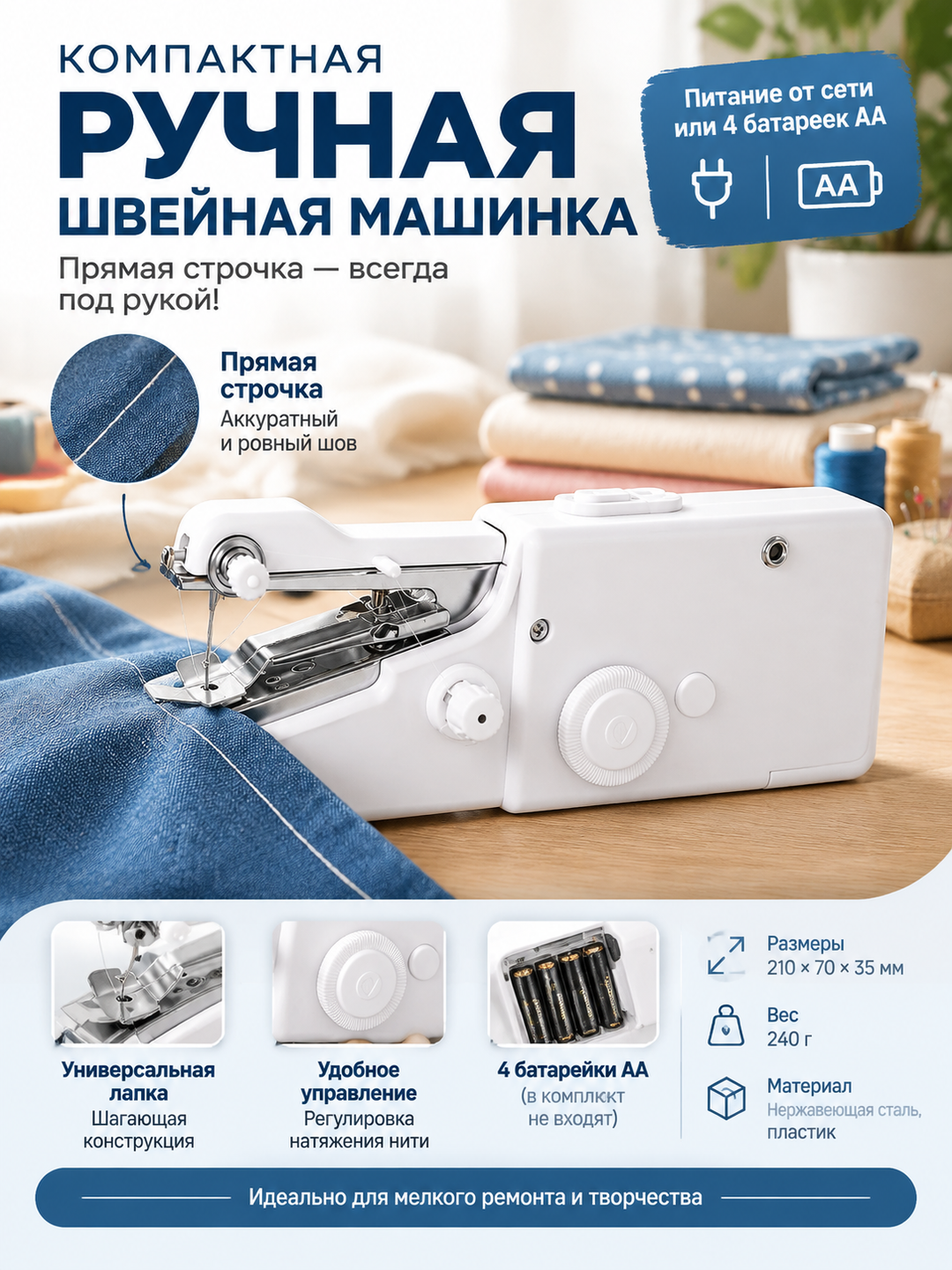 Компактная ручная машинка для шитья с прямой строчкой, питание от сети или 4 батареек АА