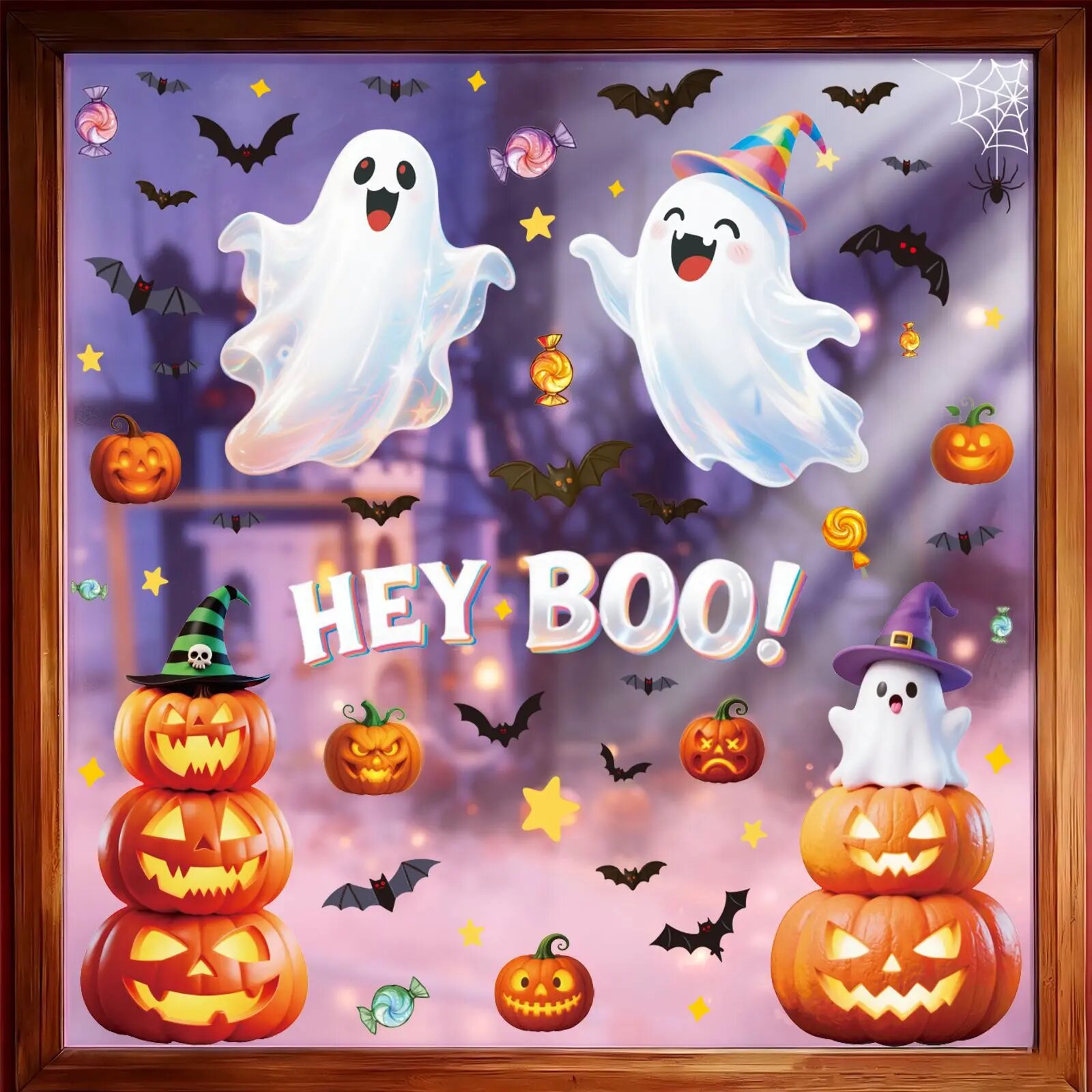 Статичные наклейки на окна с тыквой и призраками Halloween dark blue