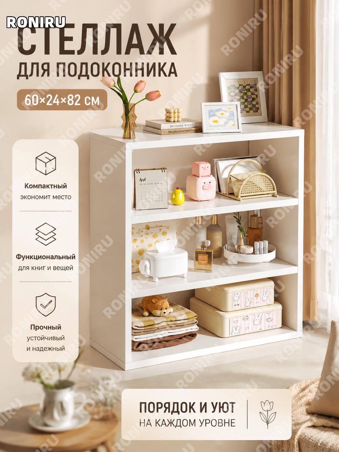 Шкаф-стеллаж для подоконника 60×24×82 см, тумба для хранения у окна, теплый белый цвет, домашний уют и порядок