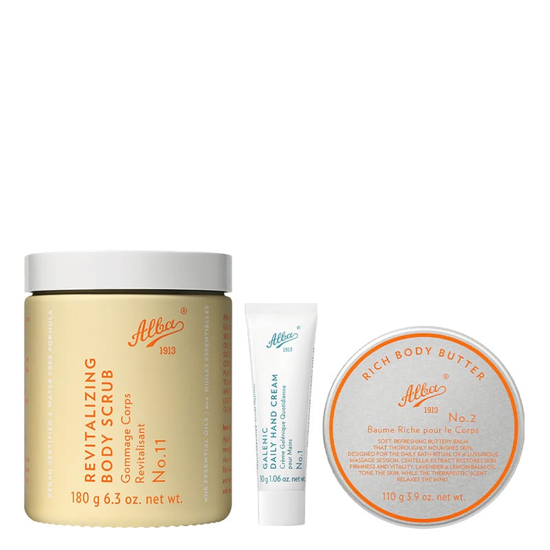 Набор уходовой косметики Alba1913 Revitalizing Body Scrub + Rich Body Butter + Galenic Daily Hand Cream Дорожный набор Сахарный пилинг 180 г + Масло для тела 110 г + Галенический крем для рук 30 г