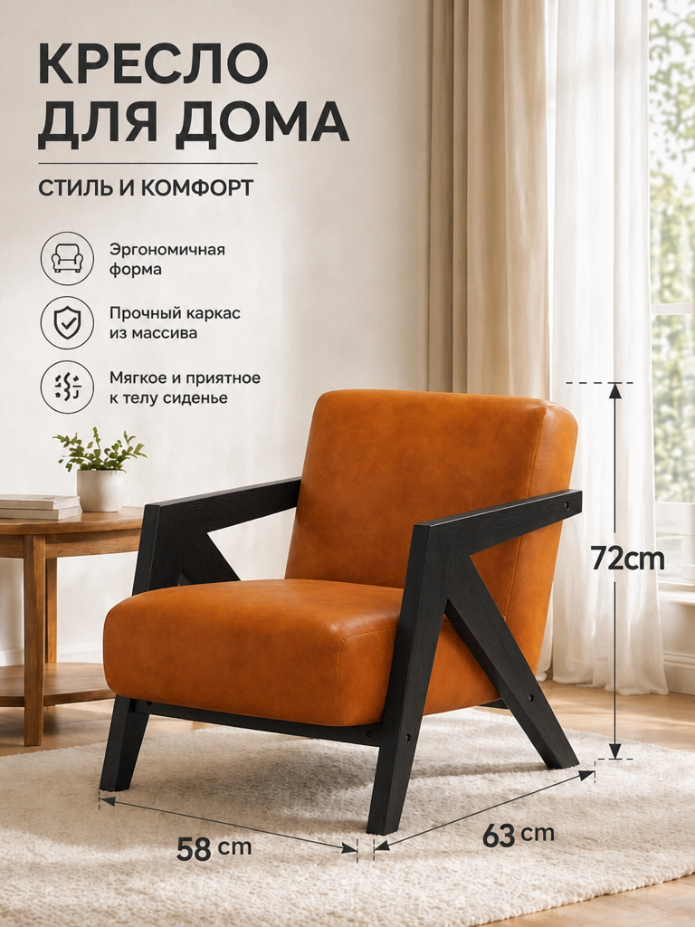 Элегантный стул для дома с обивкой из экокожи под масляную кожу, коричневый, чёрные ножки
