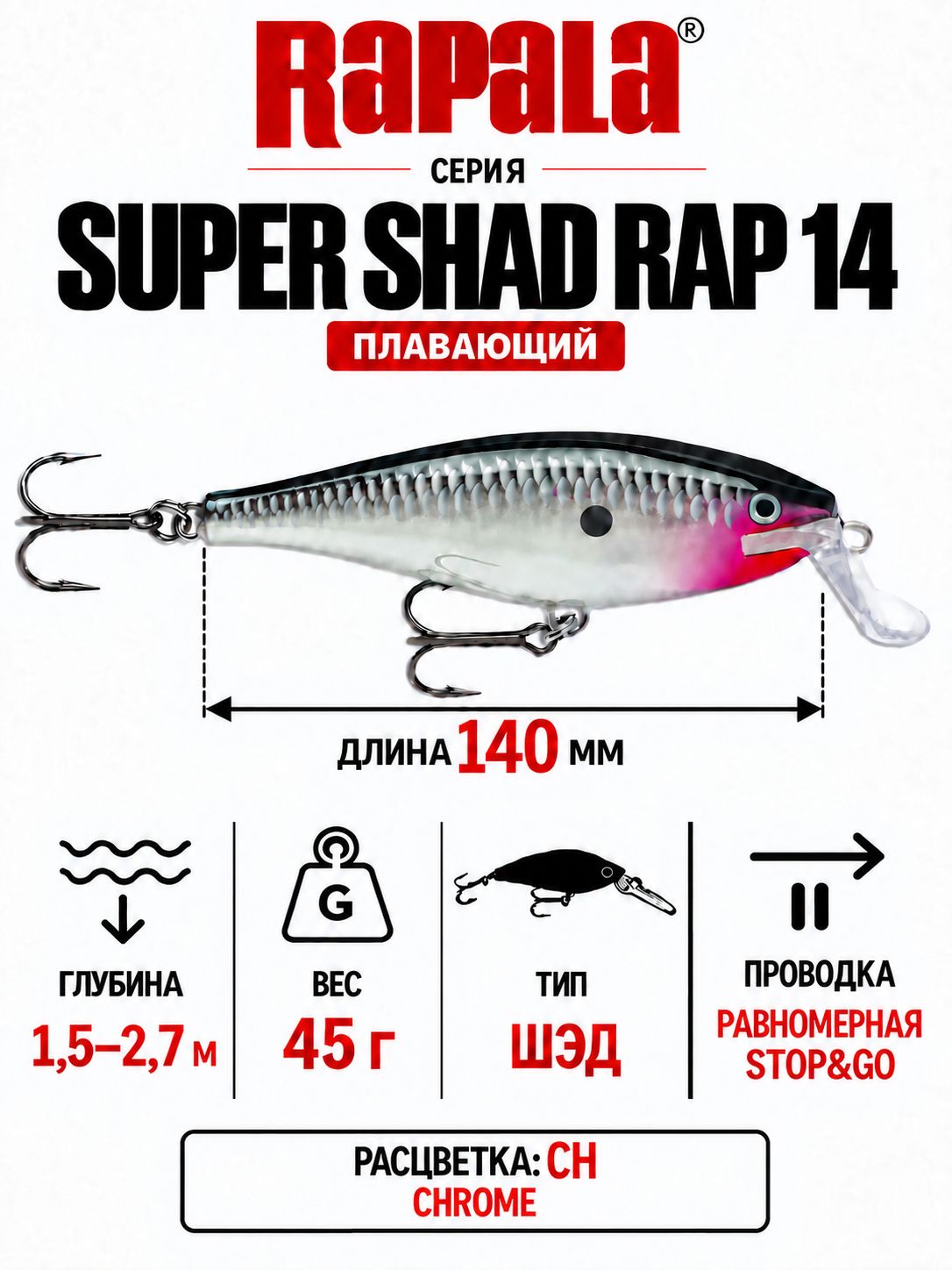 Воблер RAPALA Super Shad Rap 14 CH плавающий 1,5-2,7м, 14см, 45гр
