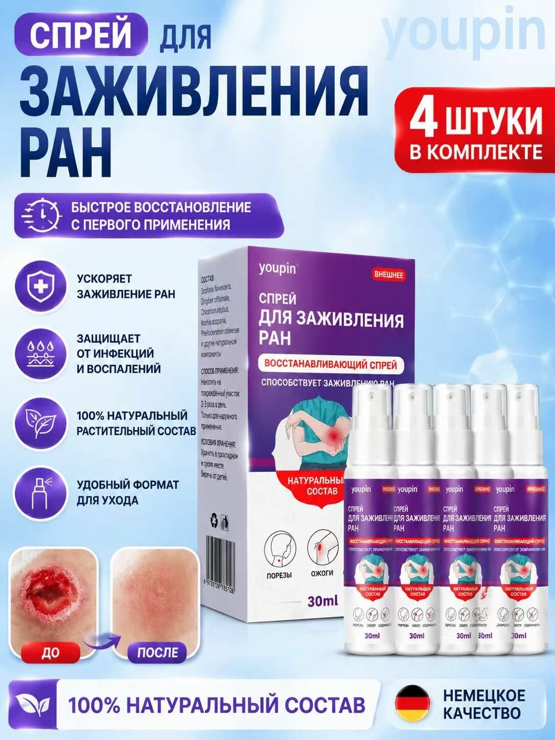 Новая упаковка Спрей от пролежней 4 шт, средство для заживления ран, уход за кожей, антисептический спрей