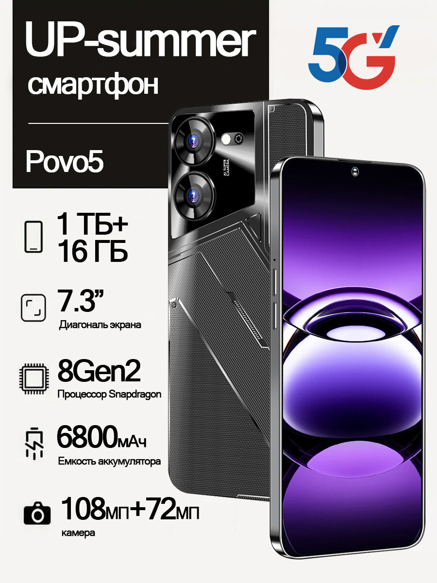 Смартфон POVO5 Android15 16/1024 ГБ, Face ID, 7.3” FHD+, 6800 мАч, Dual SIM, быстрая зарядка, игровой телефон, Ростест