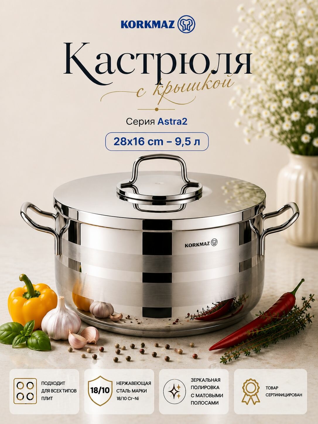Кастрюля из нержавеющей стали Astra 9,5 л
