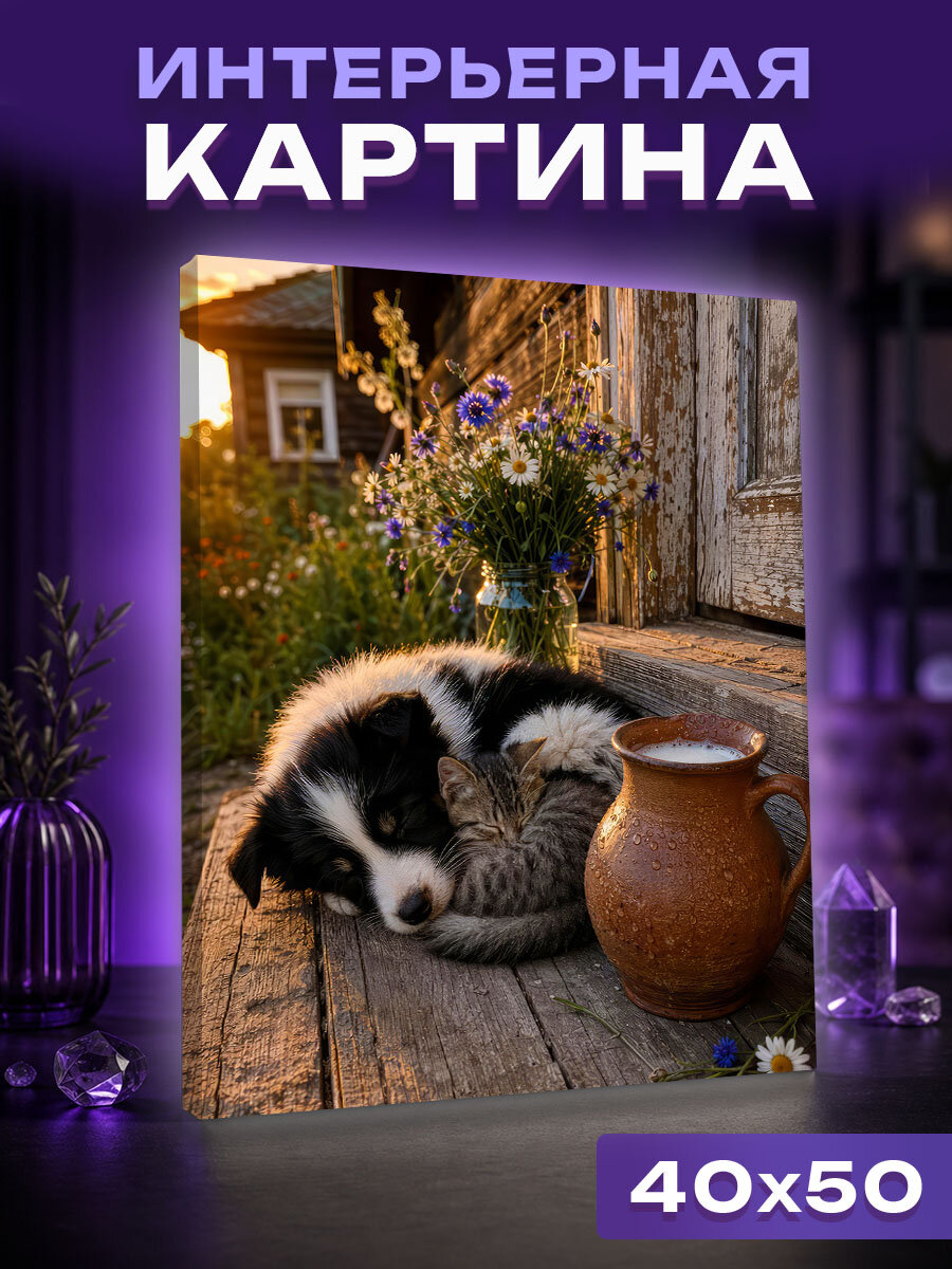 Интерьерная картина щенок и котенок на крыльце у кувшина