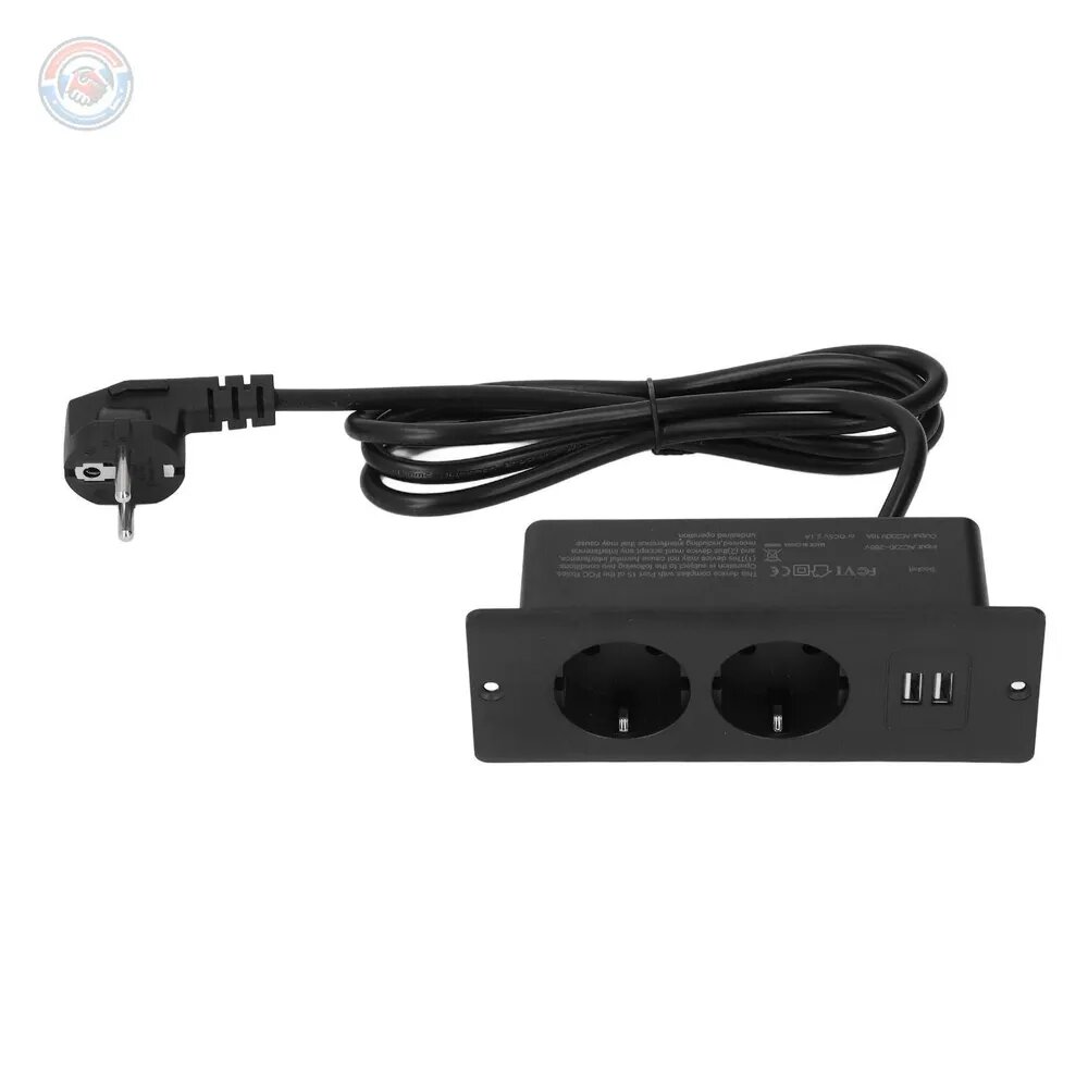 Встраиваемая настольная розетка с 2 USB портами и двойной розеткой 220В, скрытая установка в столешницу, компактный мебельный удлинитель, черная