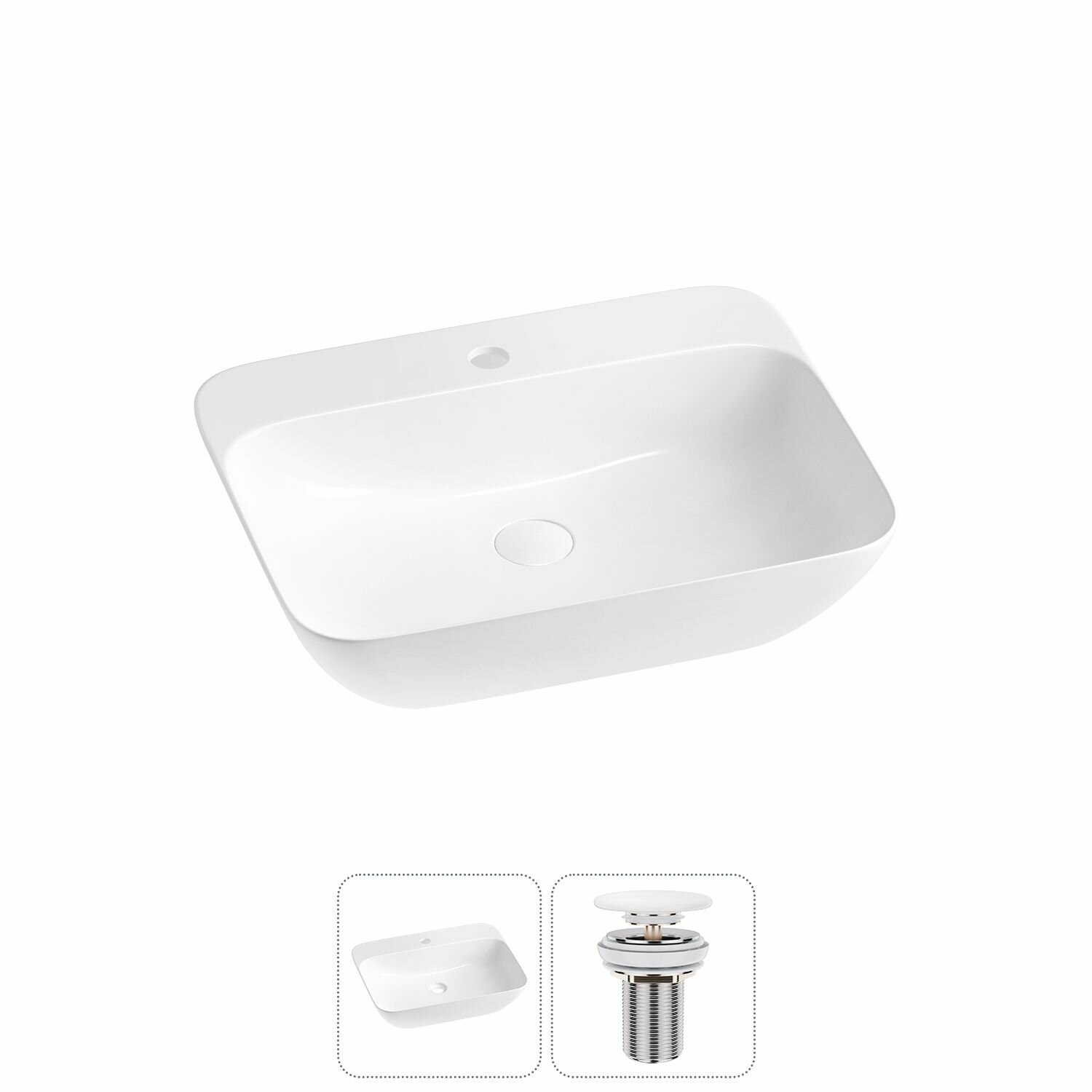 Подвесная или накладная раковина для ванной Lavinia Boho Sink 33311113 в наборе 2 в 1: прямоугольная раковина 55 см (белый глянец), донный клапан