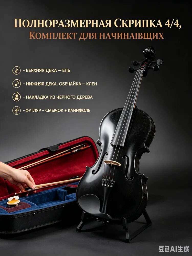 Китайская скрипка, размер скрипки 4/4, (полный комплект - футляр + смычок + канифоль)