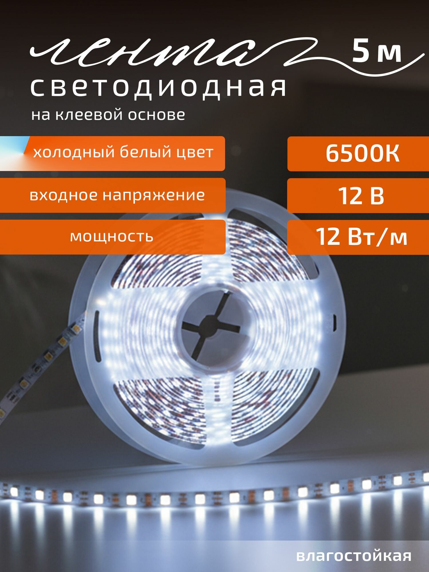 Лента светодиодная Jazzway PLS 2835 холодно-белый свет 120 LED/м 12 вольт IP65 5 метров