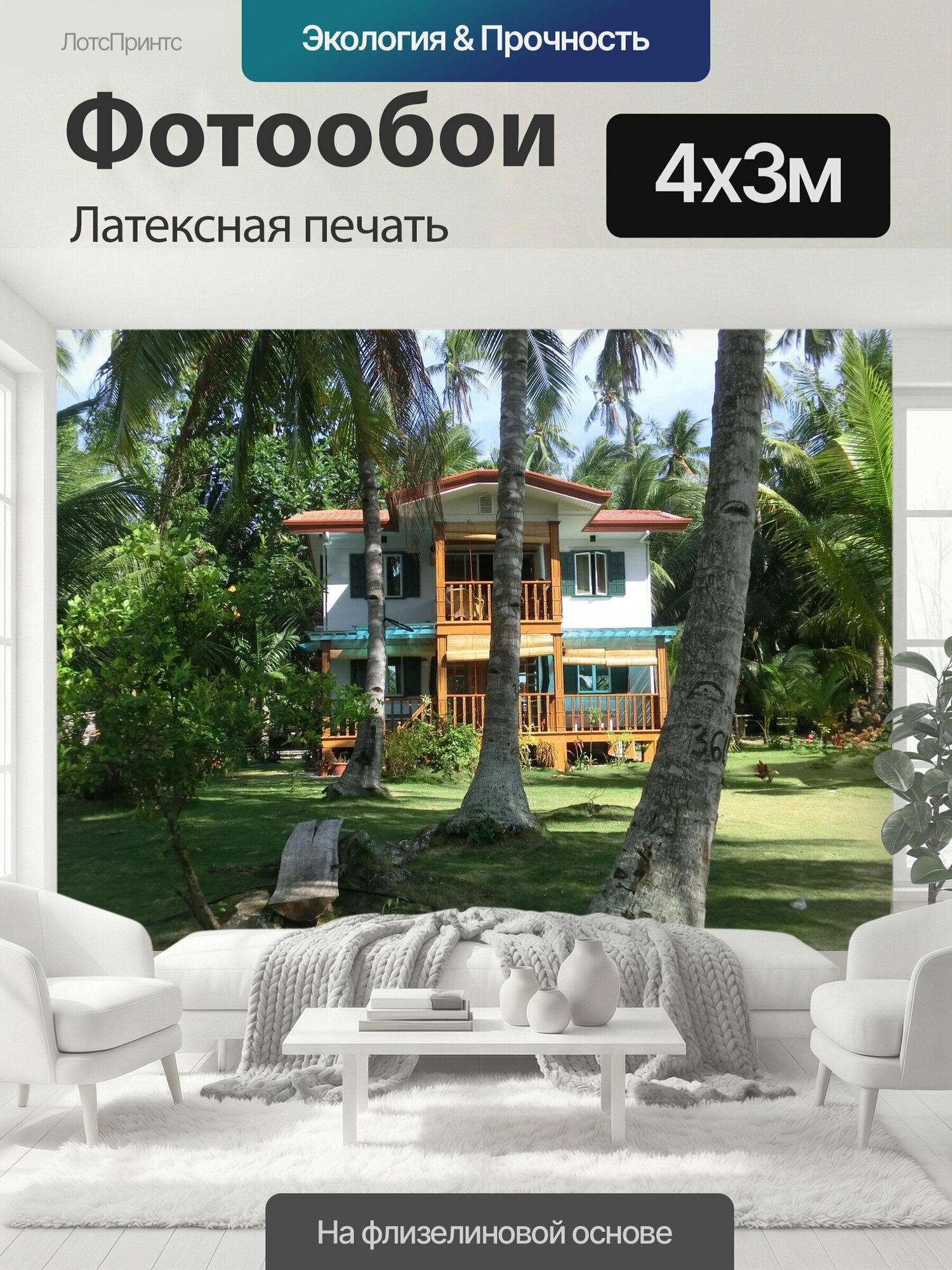 Фотообои моющиеся ударопрочные "Дом, филиппины, пальмы" 400x300 см. латексная печать