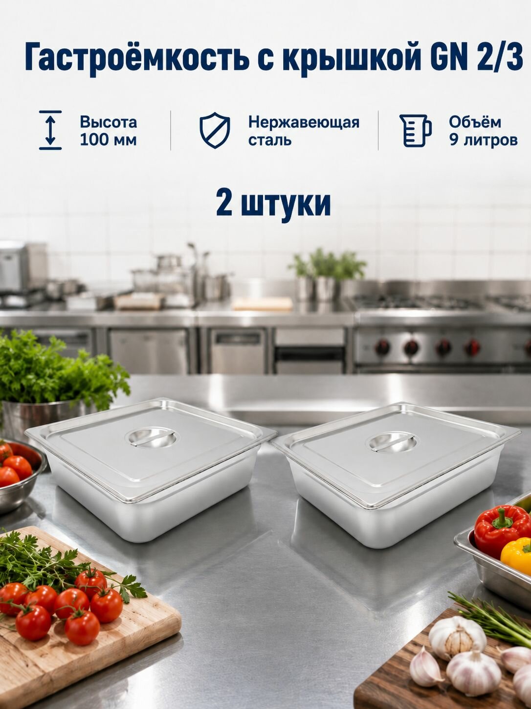 Гастроемкость GN 2/3-100 мм с крышкой, набор 2 шт, нержавеющая сталь