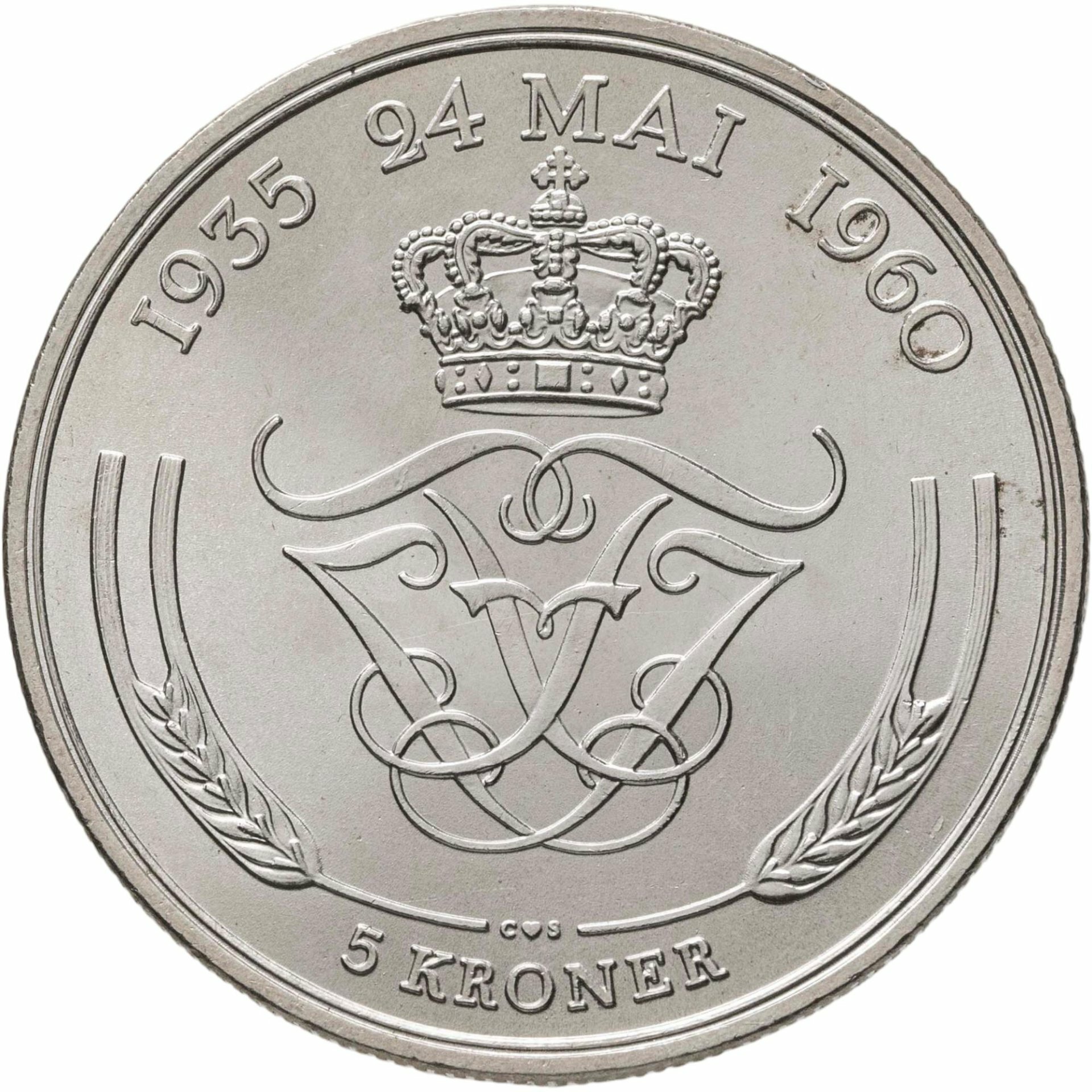 Дания 5 крон 1960 "Серебряная свадьба" в капсуле, Серебро 650, в сохранности UNC
