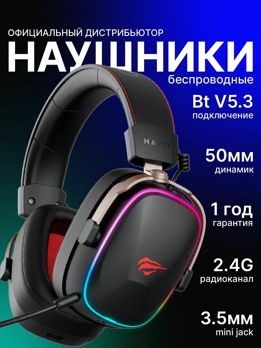 Havit Наушники с микрофоном Havit H2039BG, Bluetooth, Радиоканал, 3.5 мм, USB Type-C, черный, черный матовый