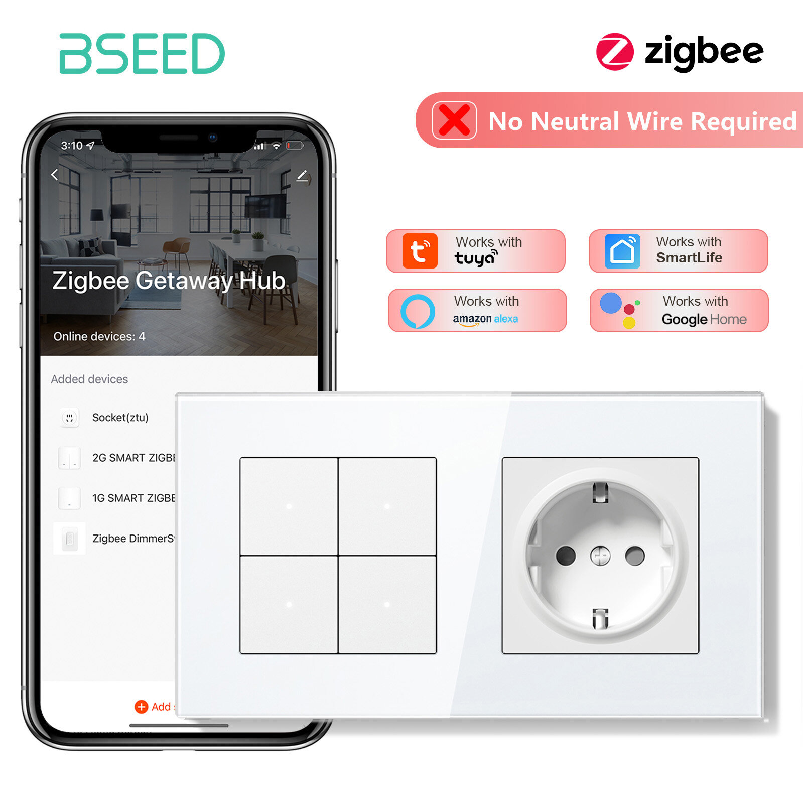 Умный выключатель Без нуля c Алисой, Легко нажать, ZIGBEE, 2 поста (4+1 розетка ), панель стекл, 157mm умный дом стеклянная панель
