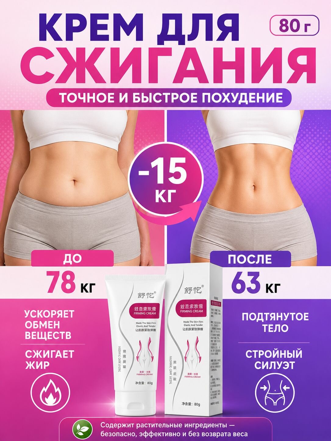 Крем для быстрого похудения и моделирования тела, 80 г, восстановление после родов, борьба с целлюлитом и растяжками