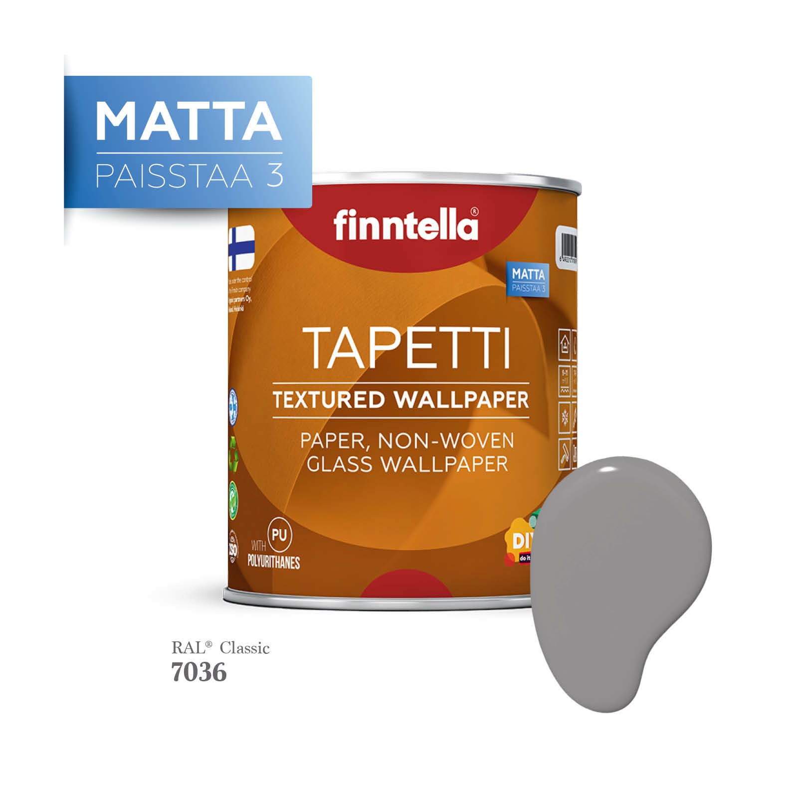 Матовая краска для обоев под окраску TAPETTI Matta FINNTELLA, Цвет RAL 7036 Платиново-серый (Platinum grey), 0,9л