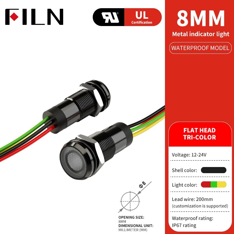 FILN 8 мм трехцветный индикатор, 12-24В, черный, A-8FW-T RGY-12V