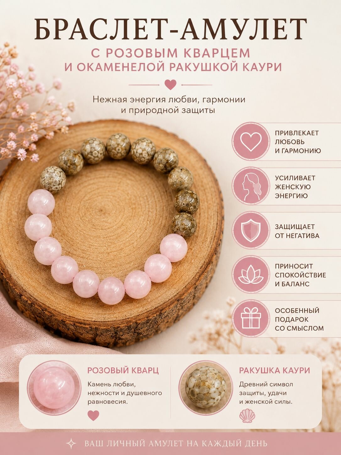 Браслет, кварц розовый