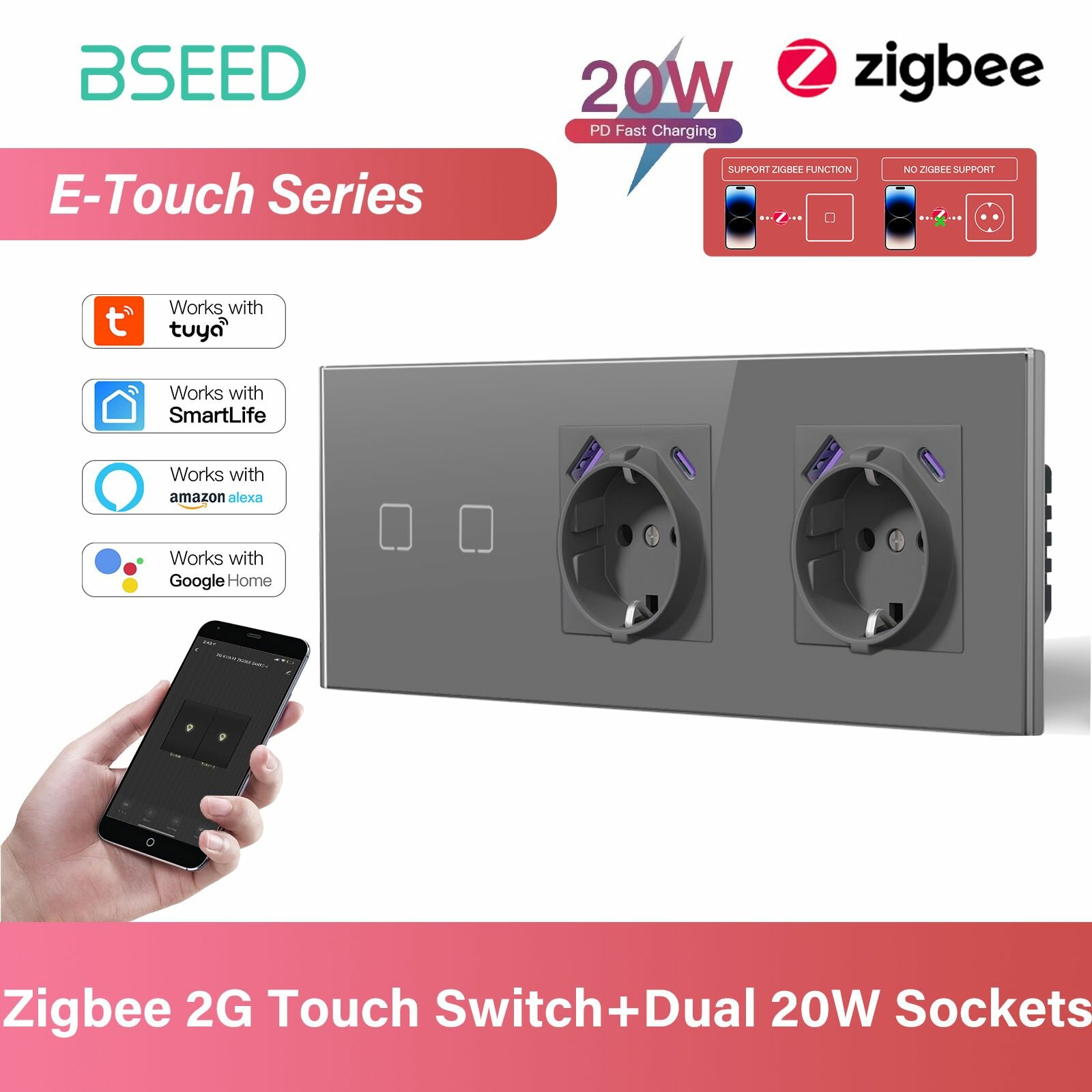 Умный сенсорный выключатель с розеткой с USB и TYPE-C, 2 клавиши 2 розетка, ZIGBEE, Smart Life с Алисой