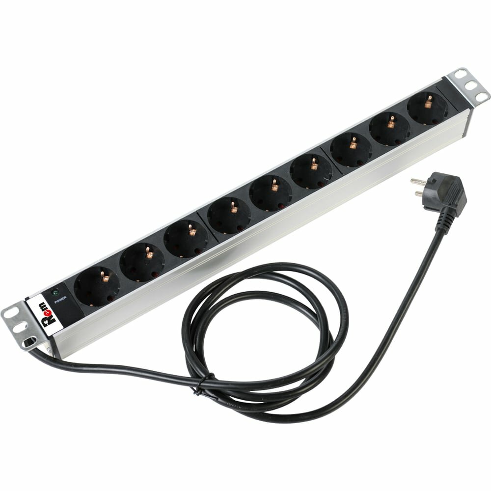 Блок розеток REM Rem-16 с индикатором, 9 Shuko, 16A, алюминиевый корпус, 19, шнур 1,8 м R-16-9S-I-440-1.8
