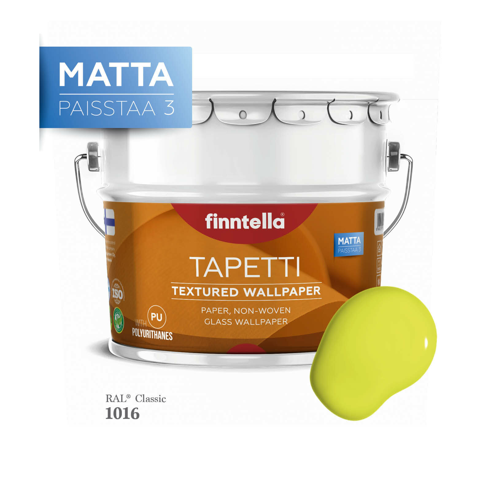 Матовая краска для обоев под окраску TAPETTI Matta FINNTELLA, Цвет RAL 1016 Желтая сера (Sulfur yellow), 9л