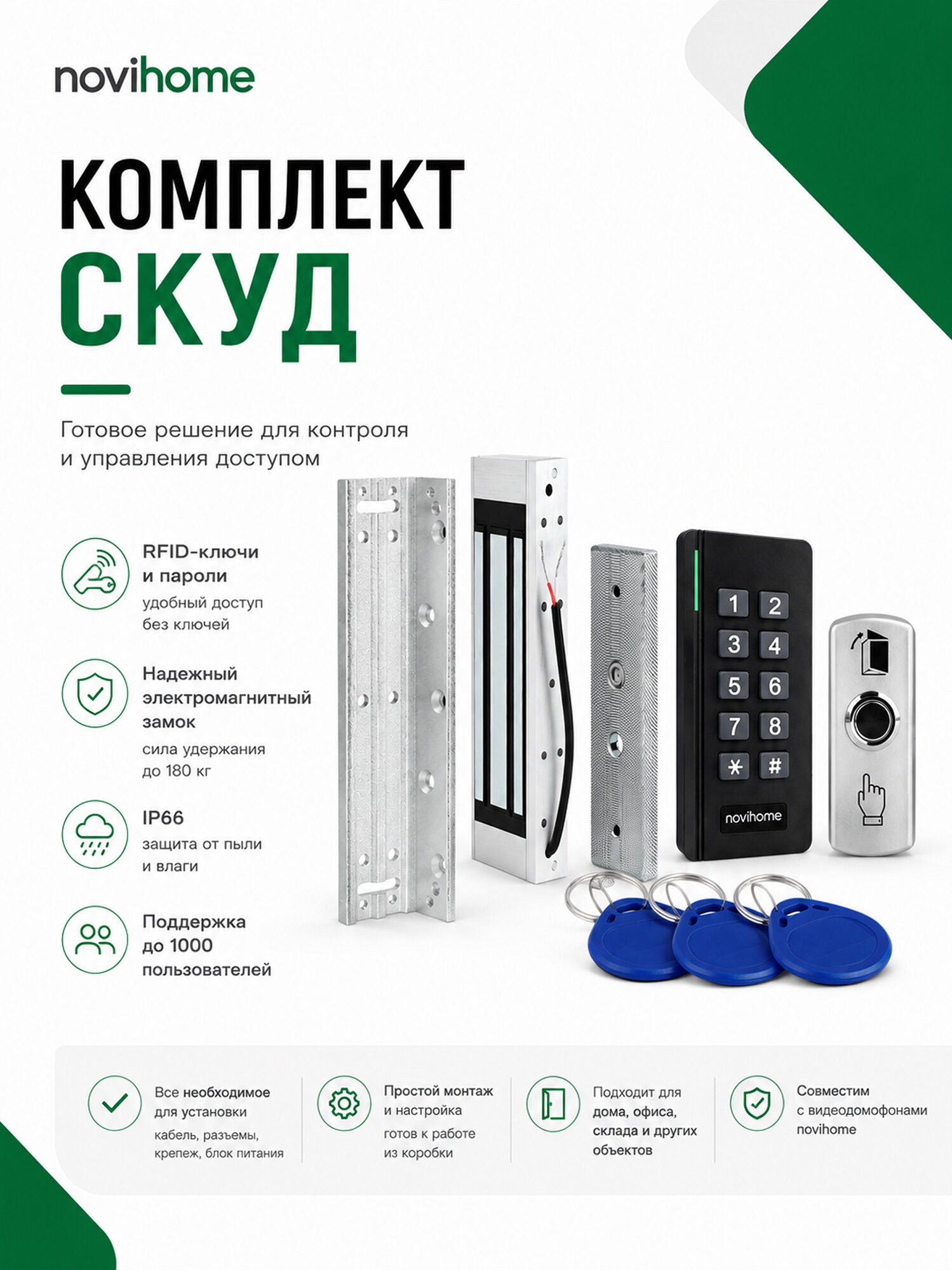 Комплект СКУД Novihome MAGNETIC LOCK KIT. Контроллер, электромагнитный замок, блок питания и всё для монтажа