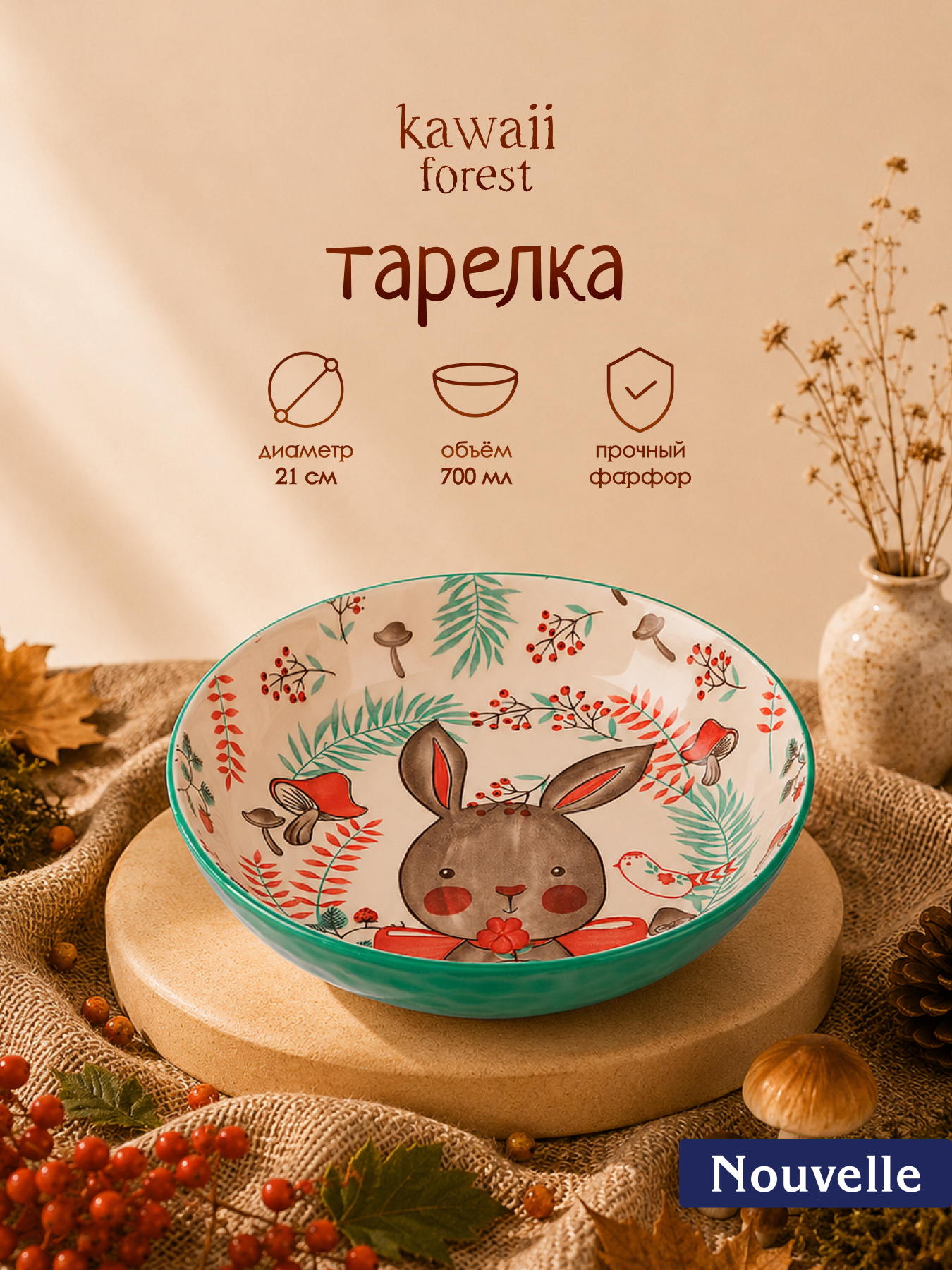 Тарелка фарфоровая глубокая "Kawaii", заяц, d21см, 700 мл, Nouvelle