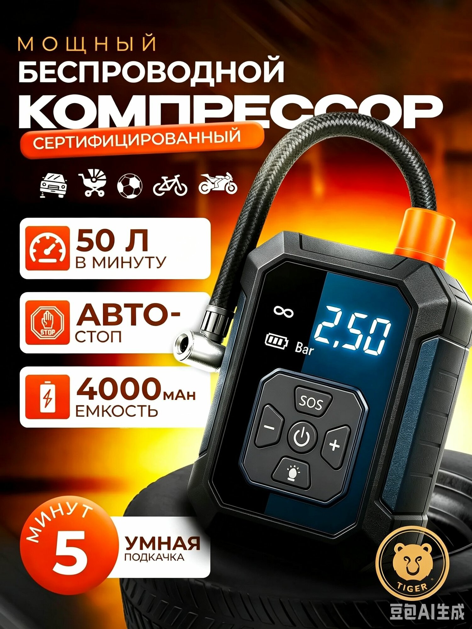 Компрессор автомобильный, 120 Вт, 50 л/мин для шин накачка колес 50л/мин 120Вт