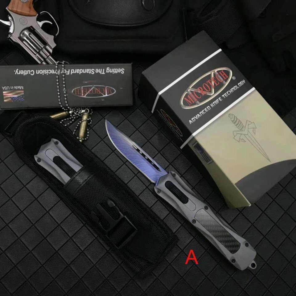 Тактический нож Microtech OTF с пружинным механизмом, двойным автоматическим быстрым переключением и регулируемым клинком для активного отдыха.