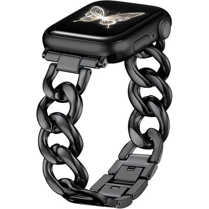 Стальной ремешок-цепочка для Apple Watch Band 40мм 38мм 41мм 42мм, браслет для серии iWatch 11 10 9 8 7 6 5 4 3 2 1, металл, Apple Watch 38 мм, Apple Watch 41 мм, Apple Watch 40 мм, black, SKU01017 (Цвет товара: black)