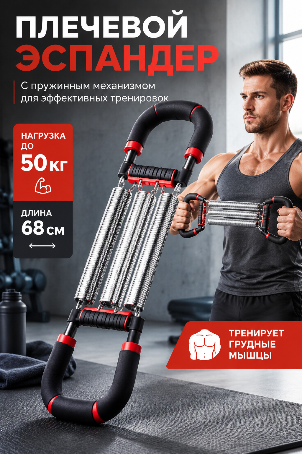 Плечевой пружинный эспандер с нагрузкой до 50 кг, длина 68 см