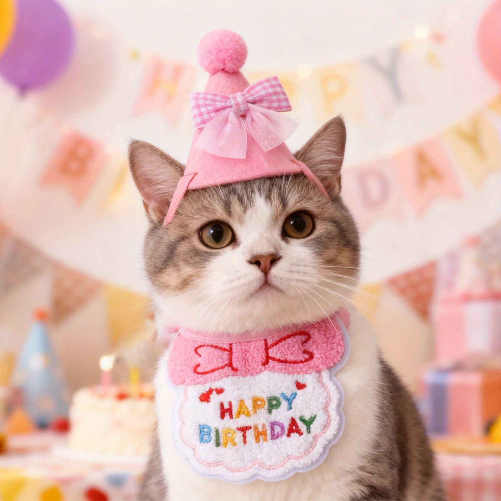Набор для дня рождения питомца: колпак и слюнявчик "Happy Birthday", для кошек и собак