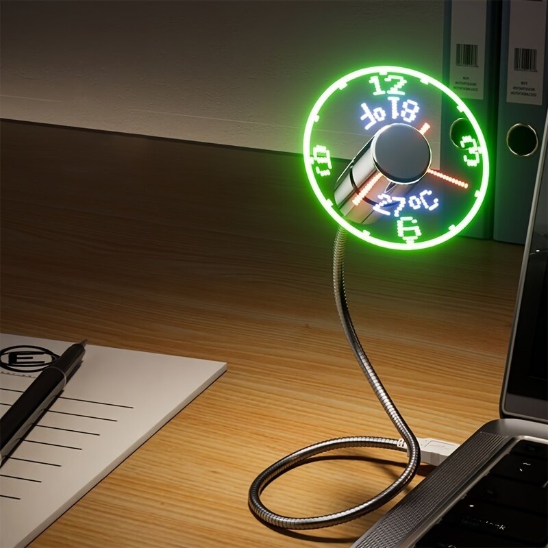 Настольный вентилятор с часами на USB, бесщеточный двигатель, двойной дисплей времени и температуры, металлический корпус для офиса и домашнего кабинета