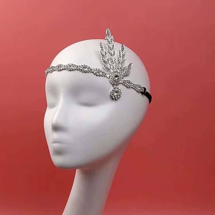 Винтажная ажурная лента 1920-х годов с перьями из сплава, подвеска белого золота, для вечеринок