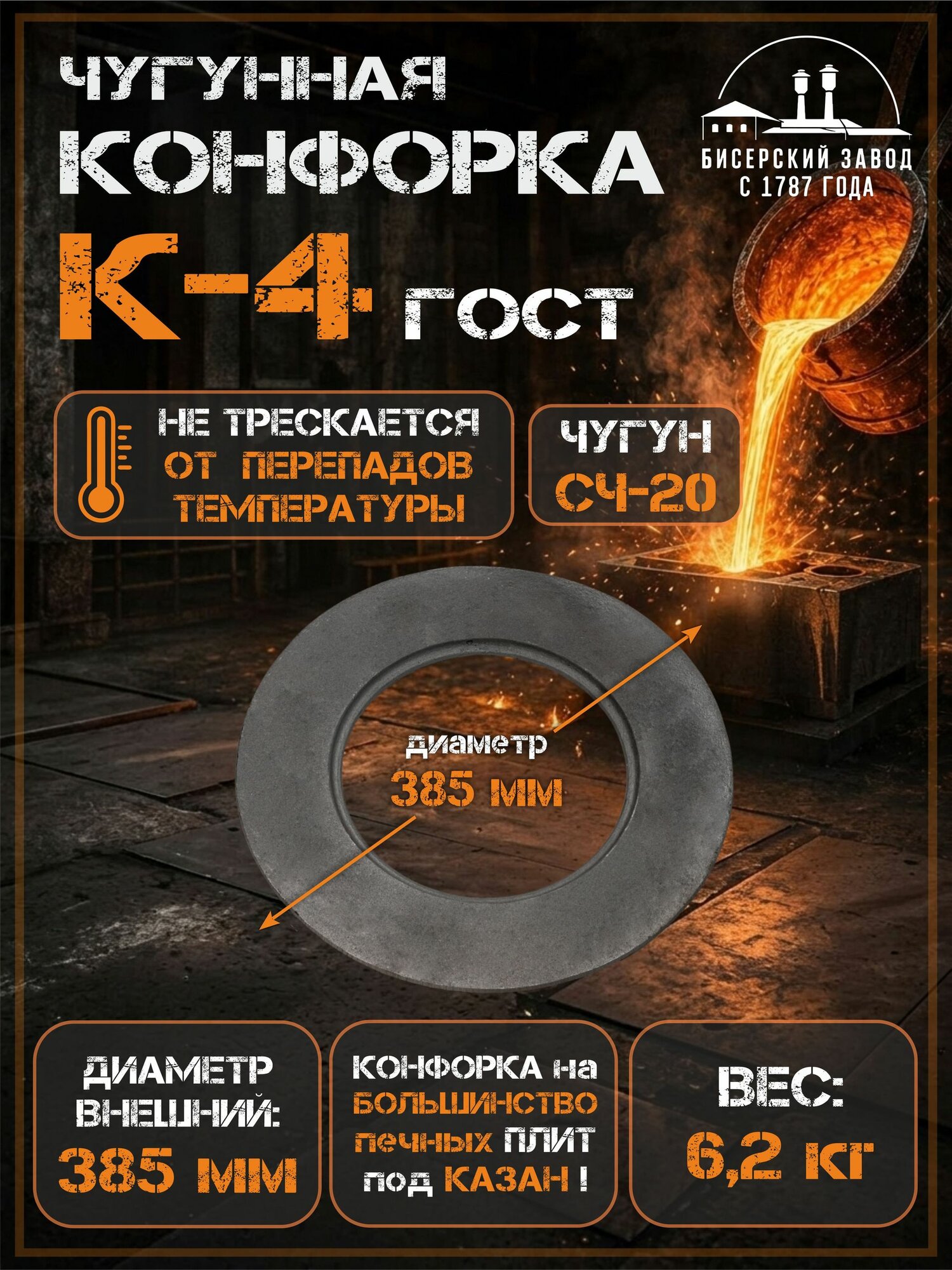 Конфорка чугунная печная К-4 - под казан (D-385 мм) - 6,2 кг.