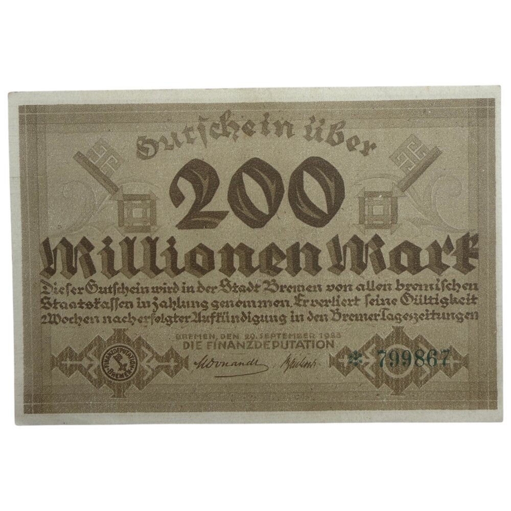 Германия (Веймарская республика) Бремен 200000000 (200 миллионов) марок 1923 г. (29.09) (Серия *)