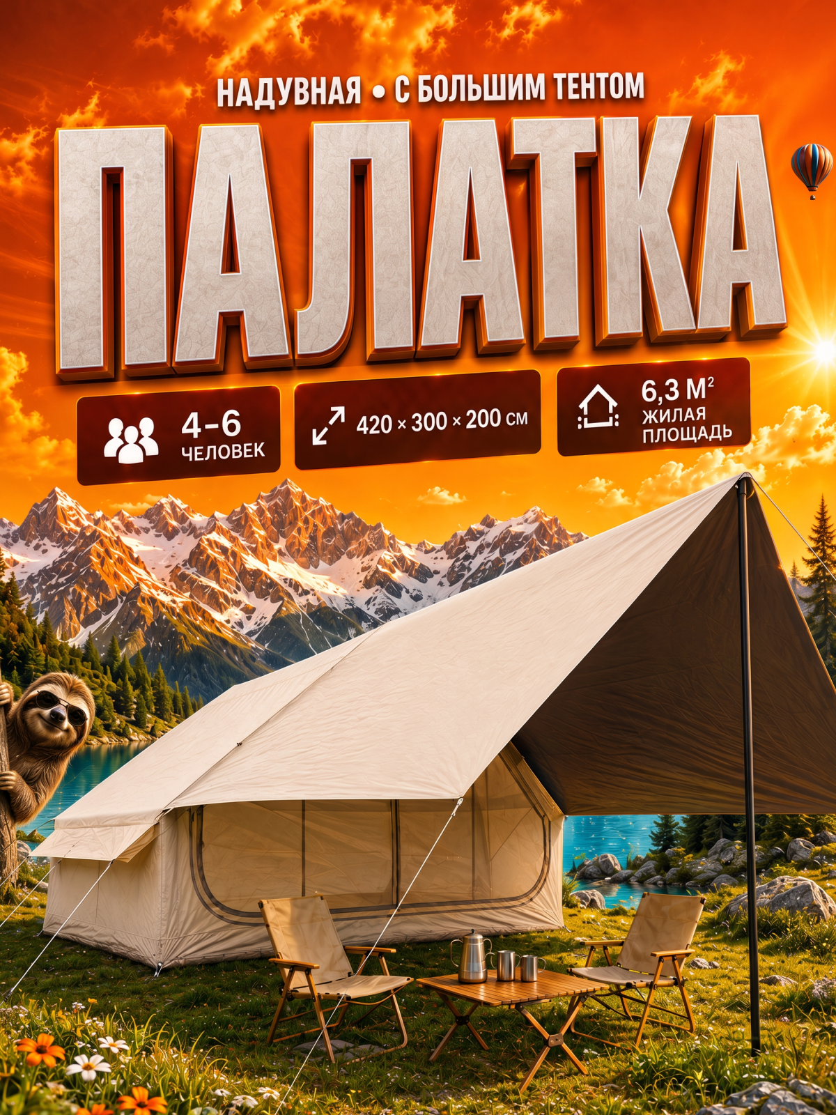 Палатка туристическая с тентом, 6-местная, надувная, двухскатная, бежевая