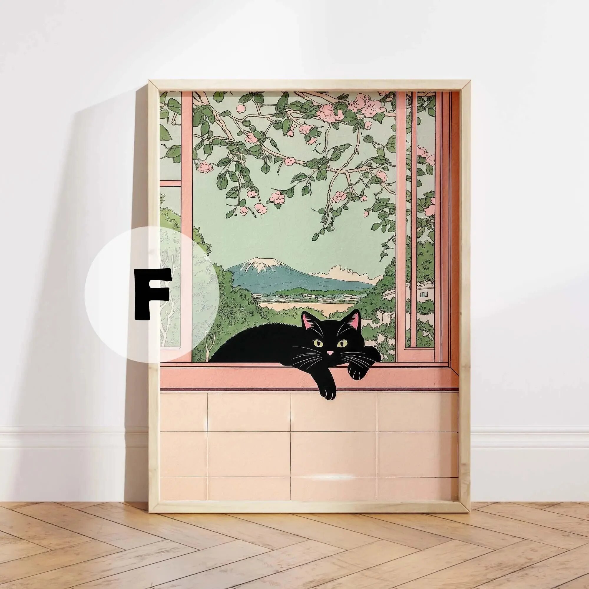 Настенный декор "Черный кот и вишня", печать на холсте Frameless-5, 42cmX60cm