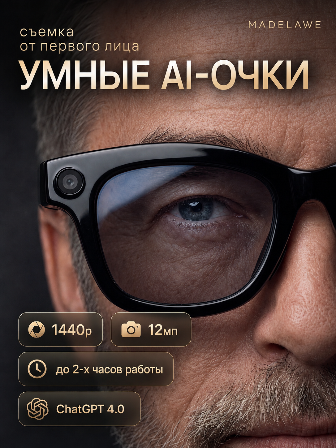 Очки с камерой умные смарт 12Мп 1440p AI мужские женские
