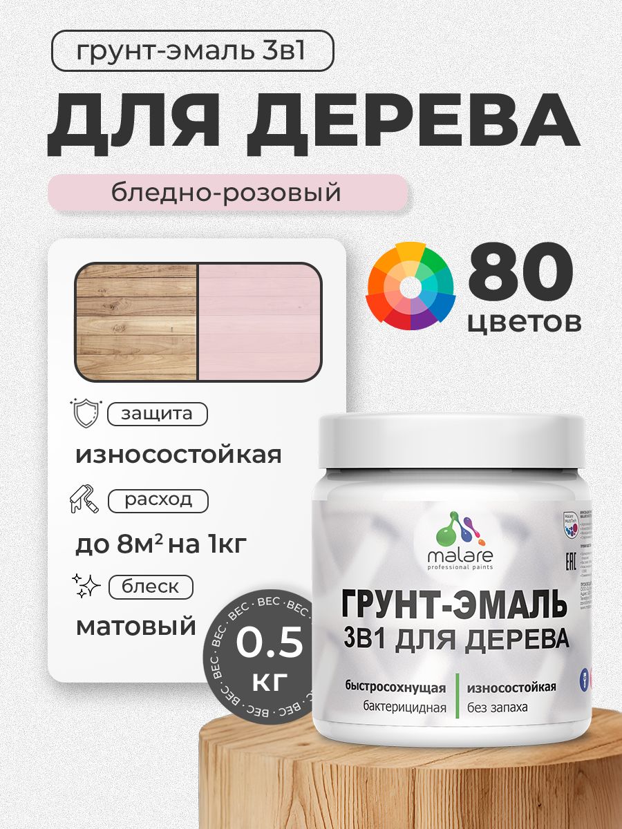 Акриловая Грунт-Эмаль 3 в 1 Malare для деревянных поверхностей/ краска по дереву с антисептическим эффектом/ быстросохнущая моющаяся без запаха матовая, бледно-розовый, 0.5 кг