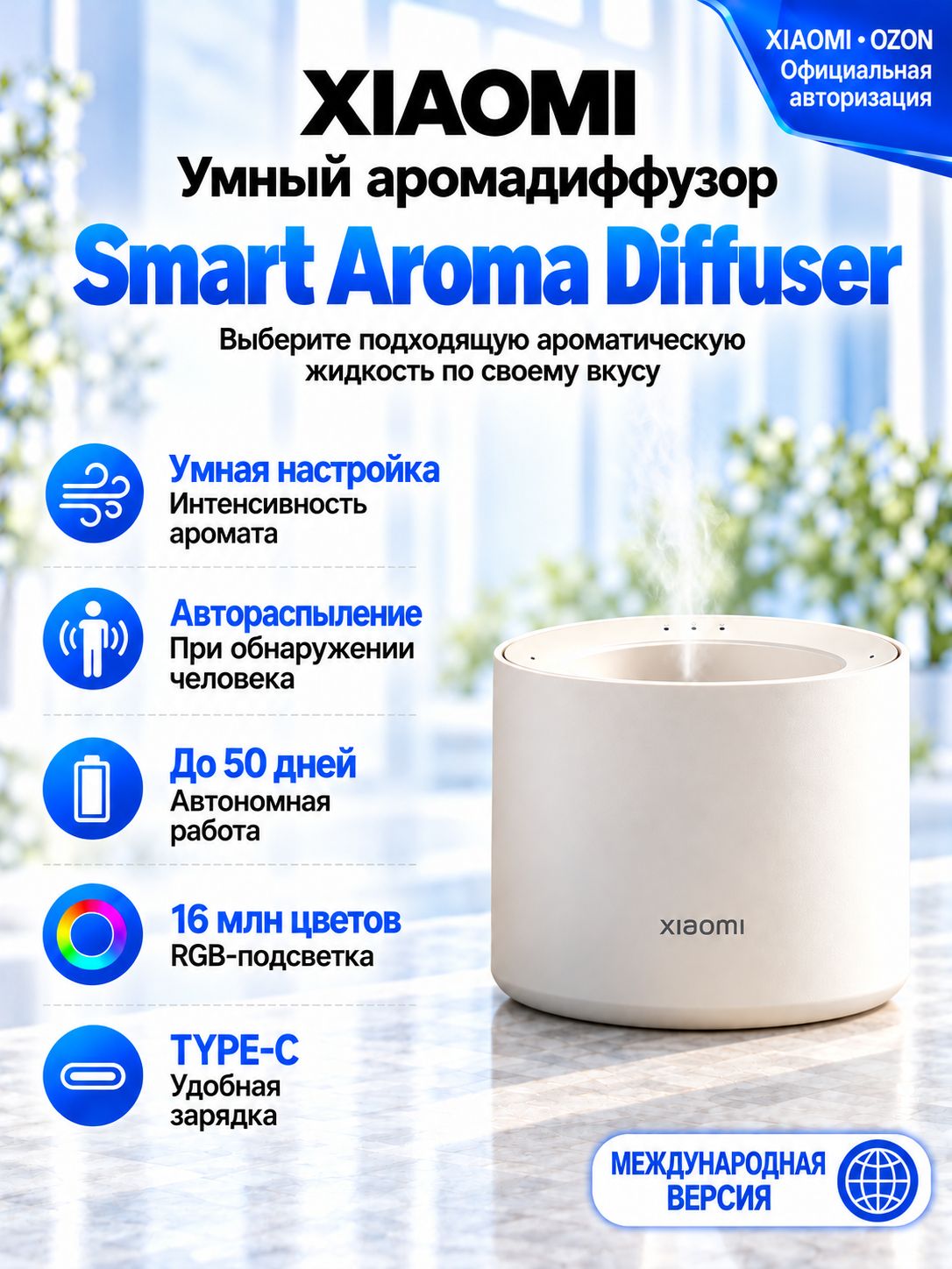 Аромадиффузор Xiaomi Mijia Smart Scent Diffuser, умный ароматизатор воздуха для дома, Bluetooth, датчик движения, RGB подсветка, автоматический диффузор