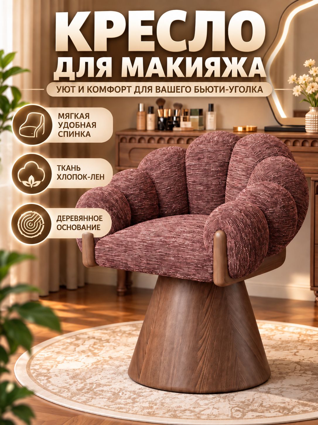 Кресло для макияжа черное из хлопка-лена, с мягкой спинкой, деревянное основание для бьюти-уголка и туалетного столика