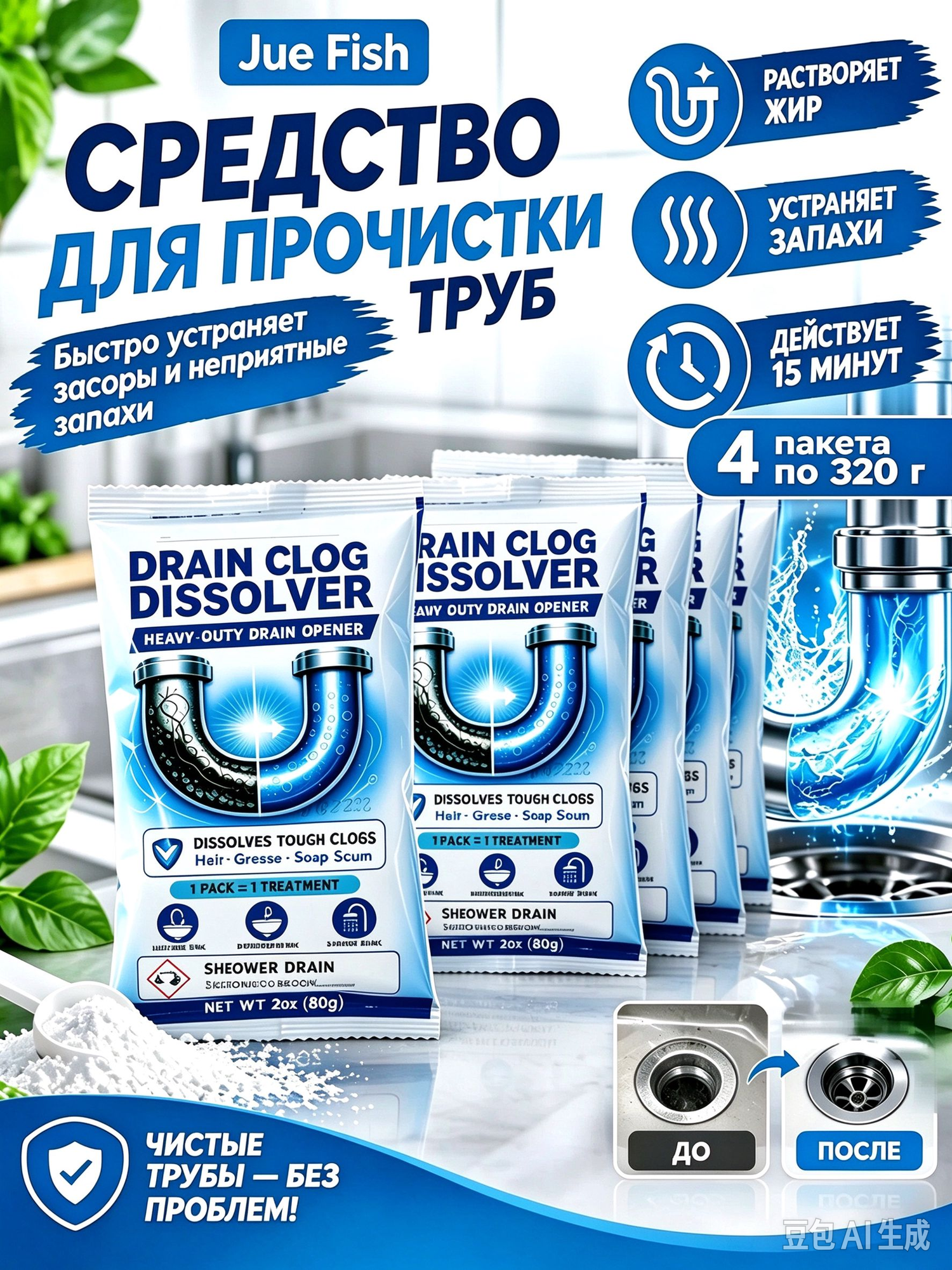 Средство для прочистки труб от засора и запаха, уничтожает 99,9% бактерий, растворяет волосы и жир за 5 минут, 4×80 г, для кухни, ванной и унитаза