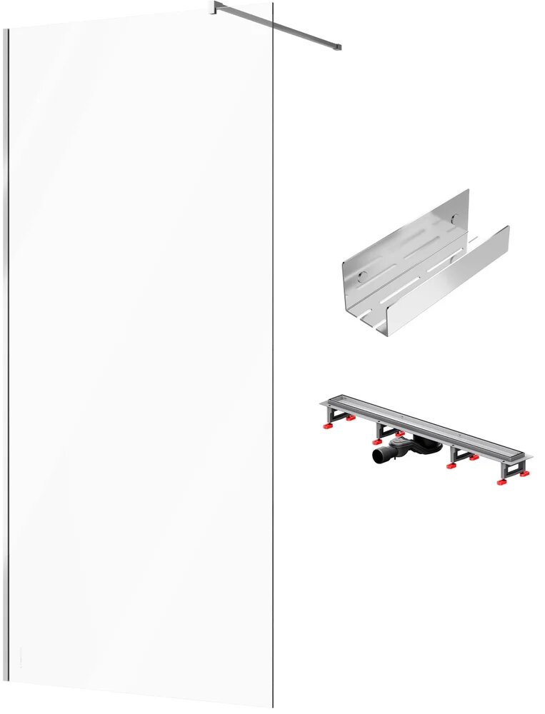 Душевая перегородка STWORKI Берген 100 см / Душевой трап (лоток) AM.PM MasterFlow Tile 80 см / Полка для душа STWORKI Стокгольм S36375CR
