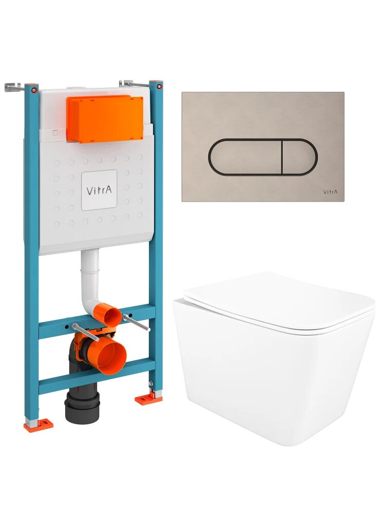 Комплект 5 в 1: Инсталляция VitrA Ви-Фикс Кор (V-Fix Core) 732-5800-01 / Унитаз подвесной STWORKI Молде S23401WH / Сиденье с микролифтом, Кнопка Рут Раунд (Root Round) 740-2295, никель, Комплект креплений