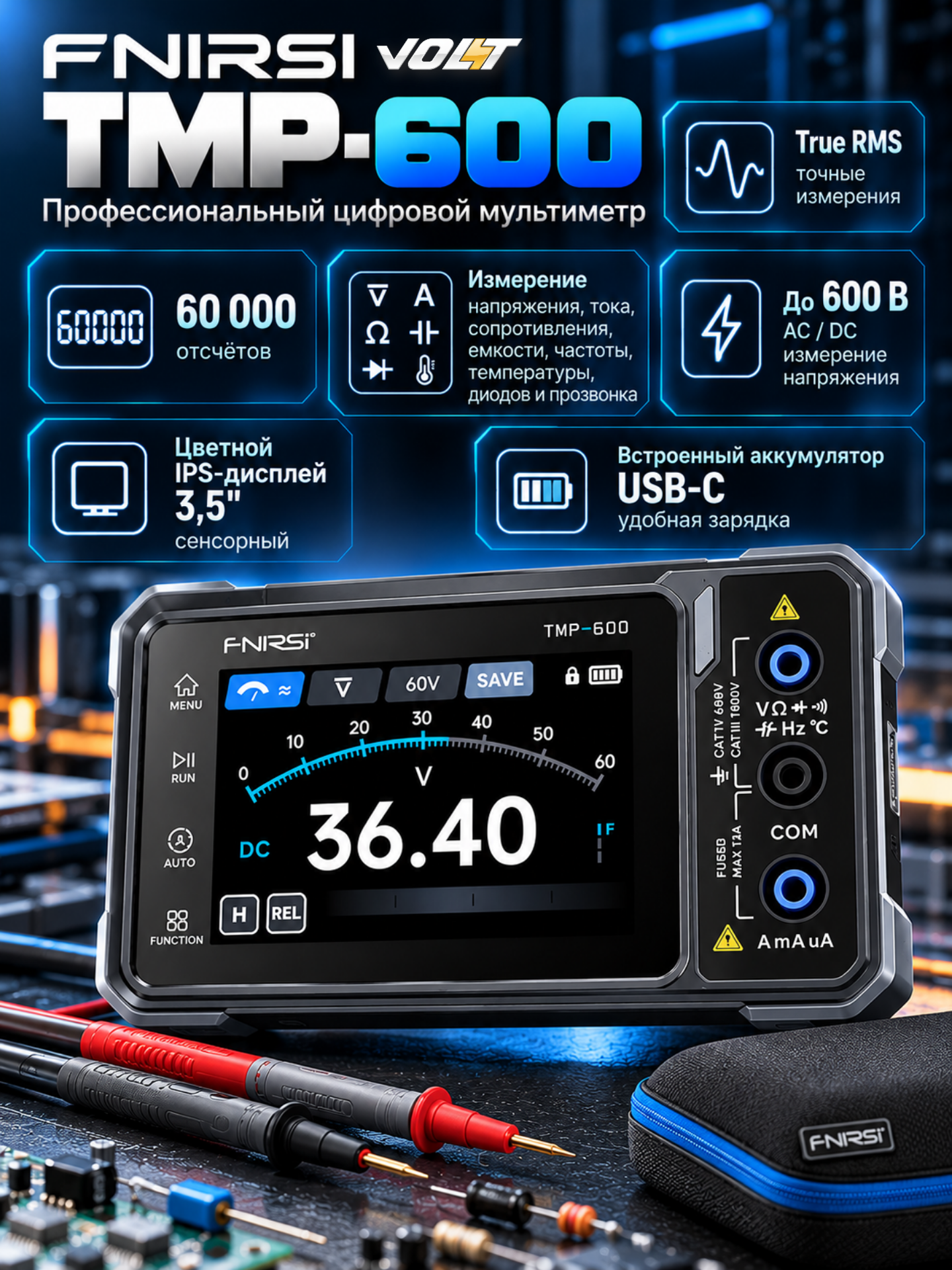 FNIRSI Цифровой мультиметр FNIRSI TMP-600 / True RMS 60000 отсчётов, профессиональный тестер напряжения, тока, сопротивления, ёмкости и частоты