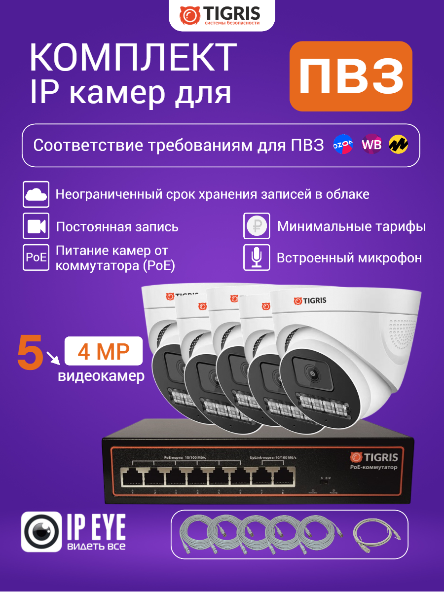 Комплект видеонаблюдения для ПВЗ на 5 купольных камер 4 Мп с сервисом IPEYE